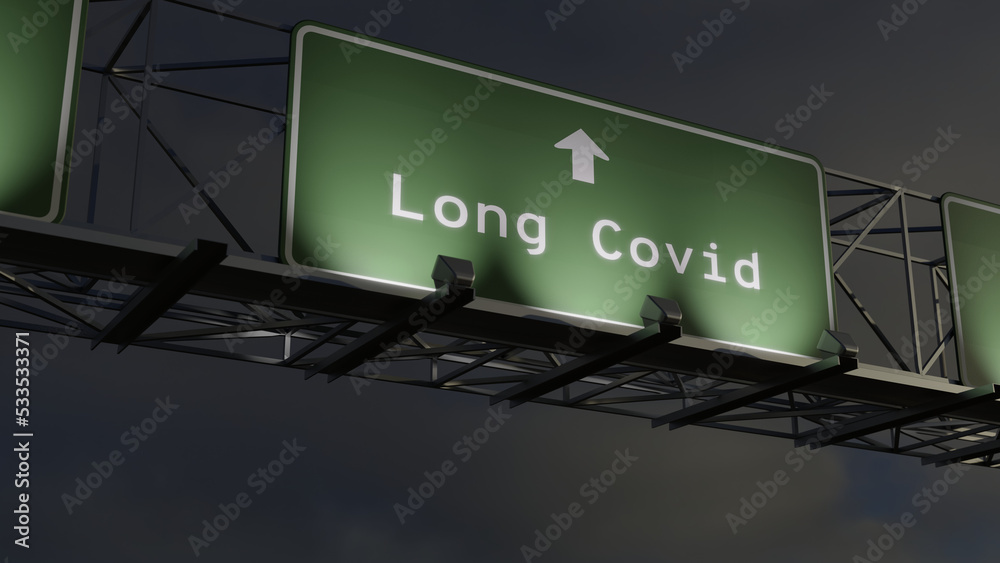 Illuminated freeway sign with words Long Covid and an arrow pointing ...
