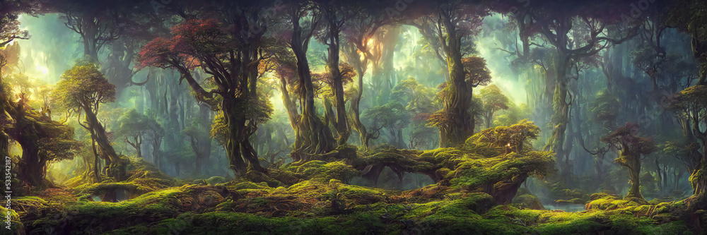 beautiful forest with giant trees, fantasy landscape background banner ...