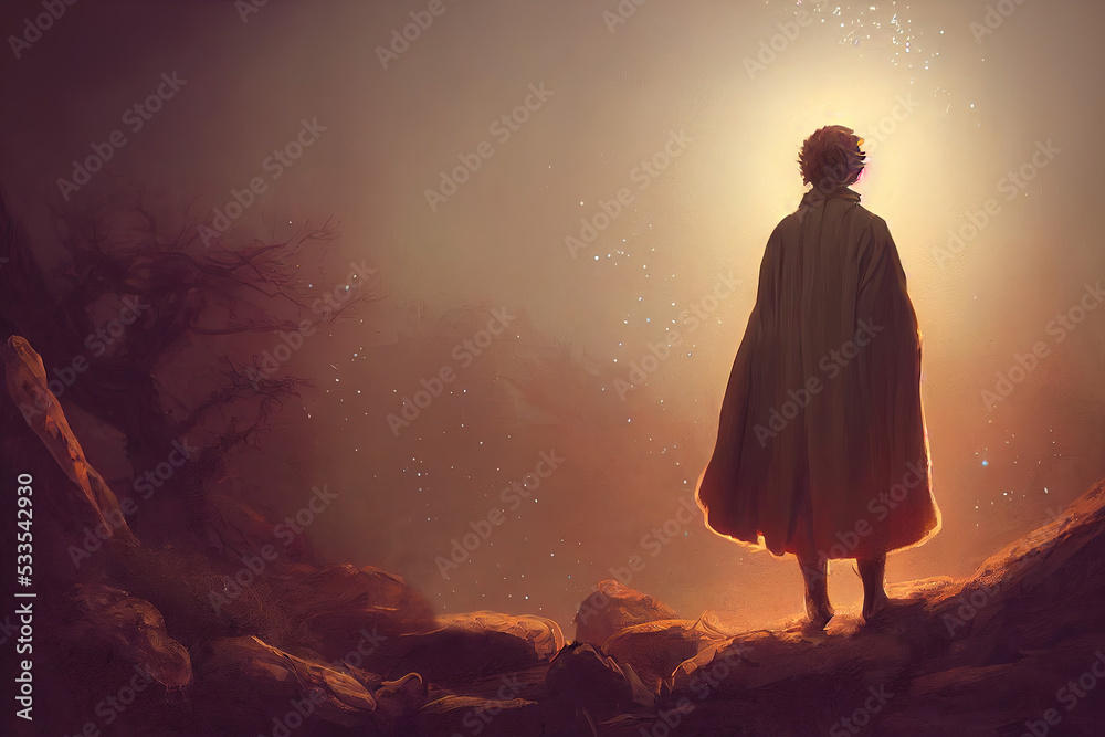 True Adventurer Explorer face Hope Fate Danger Future. Fantasy Backdrop ...