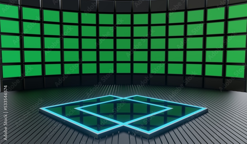 3d Rendering. 3d virtual stage news studio green screen background ...