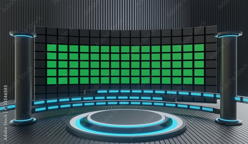 3d Rendering. 3d virtual stage news studio green screen background ...