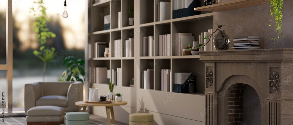 Beautiful nordic living room or home reading room interior design with ...