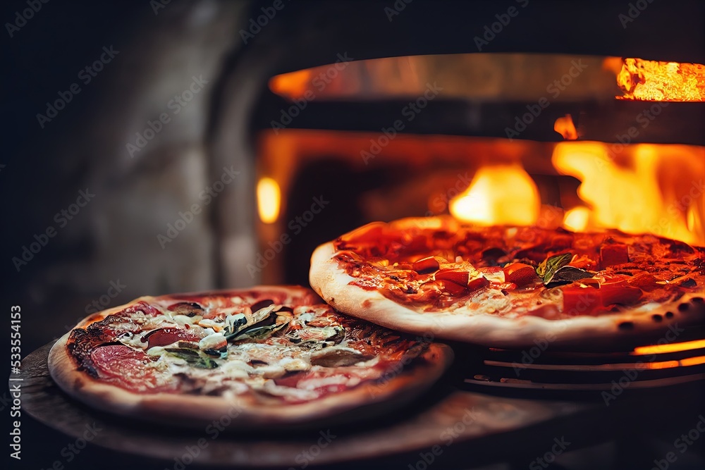 Delicious wood-fired pizza. Computer-generated 3D image made to look ...
