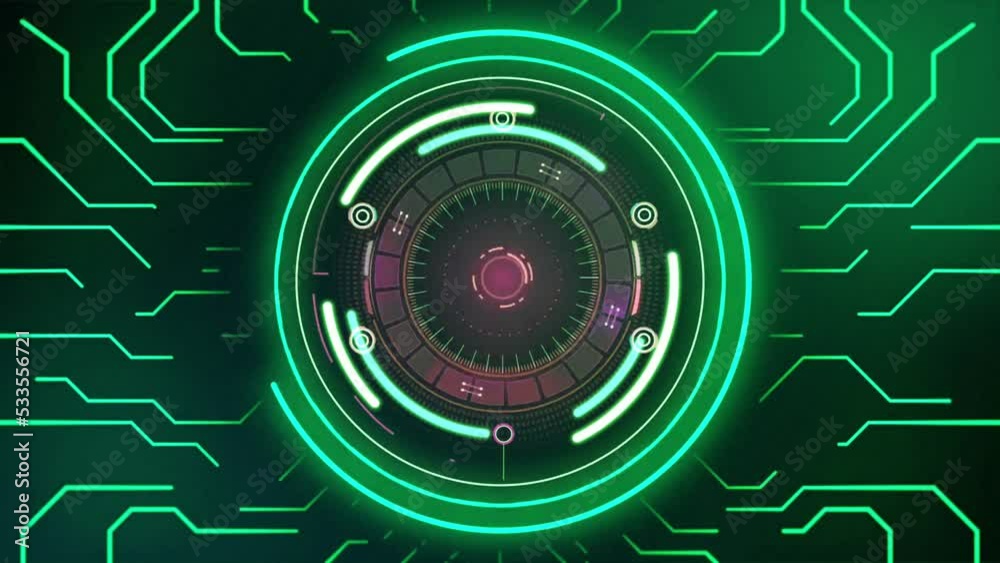 Animation green HUD digital frame with red light circle and space for ...