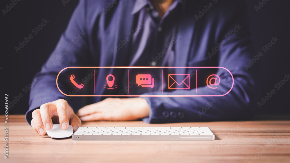 Businessman using a computer with the call phone, map, address, chat ...