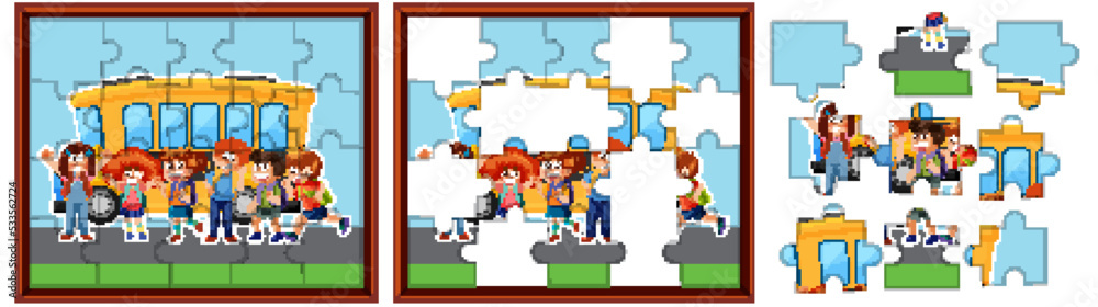 Student with school bus photo puzzle game template Stock Vector | Adobe ...