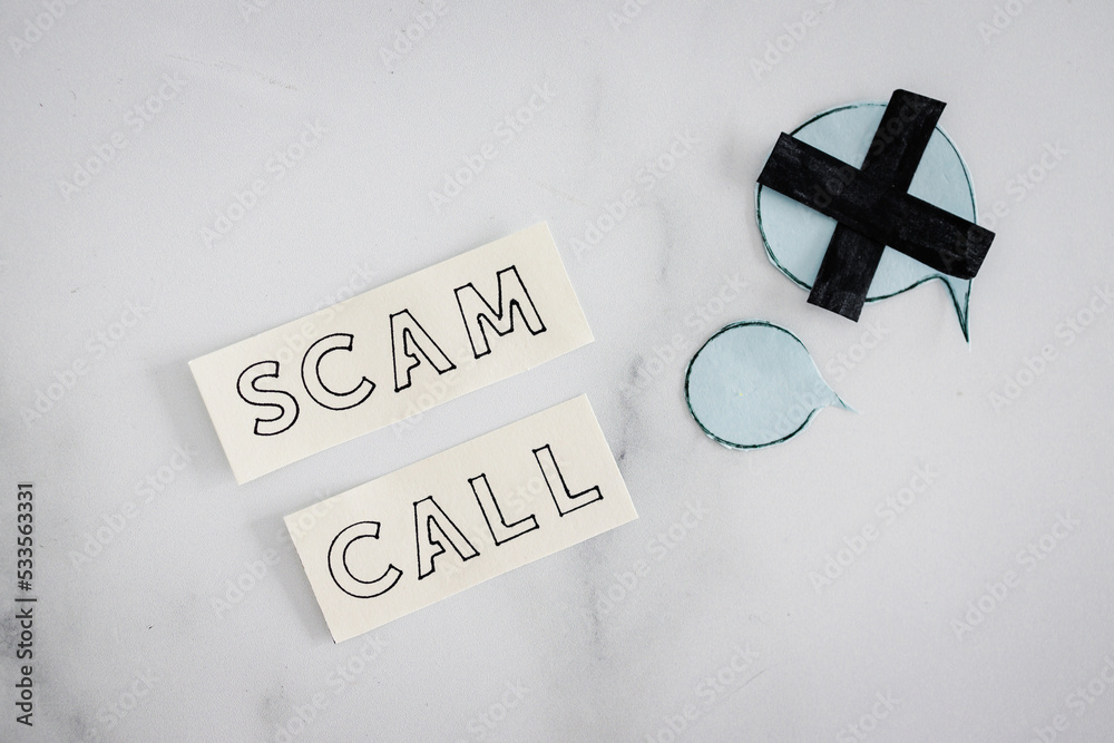 scam calls and personal data theft, text with comic bubbles with one of ...