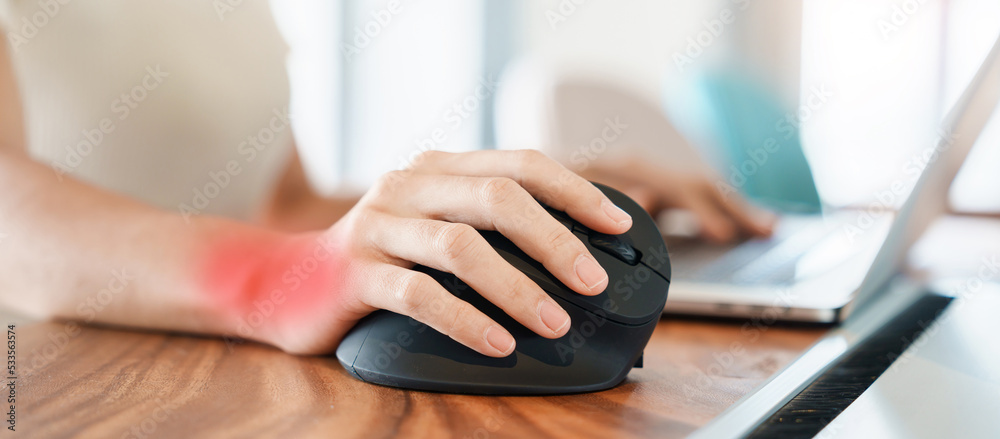 woman hand using computer ergonomic mouse, prevention wrist pain ...