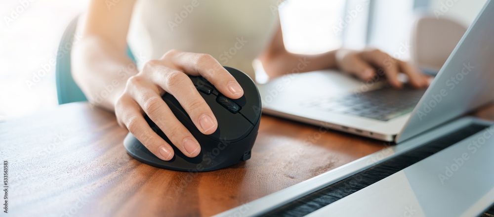 woman hand using computer ergonomic mouse, prevention wrist pain ...
