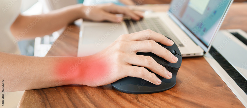 woman hand using computer ergonomic mouse, prevention wrist pain ...