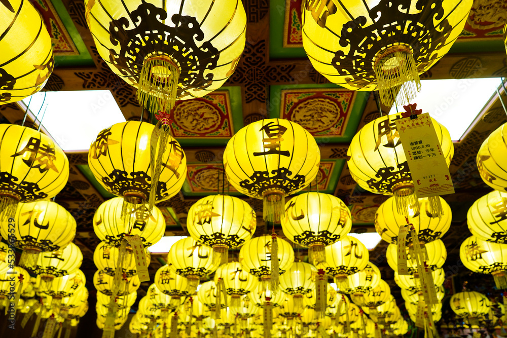 Lamp hanging on temple Ancient art ceiling interior decoration in Thai ...
