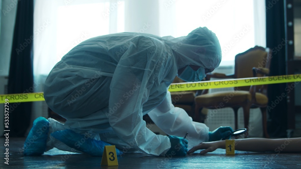 Detective Collecting Evidence in a Crime Scene. Forensic Specialists ...