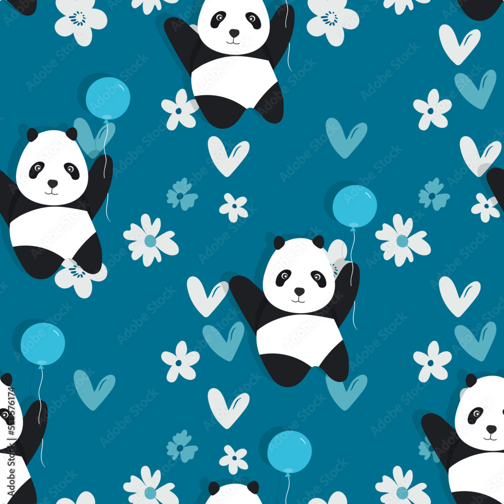 Seamless pattern with cute panda baby on color floral background. Funny ...