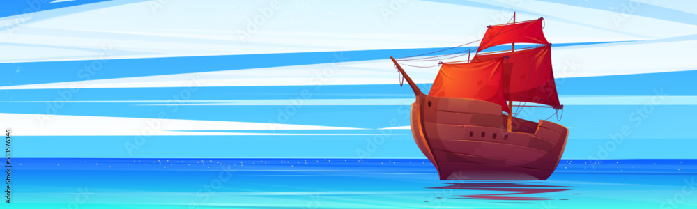 Cartoon old wooden boat with scarlet sails floating on tranquil sea ...