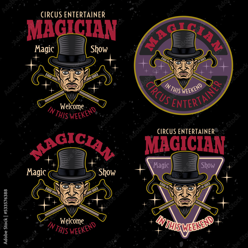 Magic show and illusionists set of vector emblems, logos, badges or ...