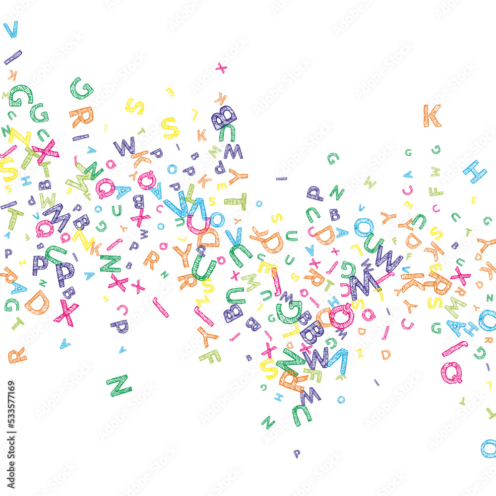 Falling letters of English language. Colorful messy sketch flying words ...