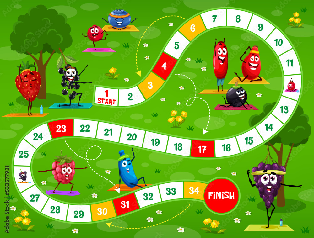 Kids board game. Cartoon berry characters on yoga fitness. Dice game ...