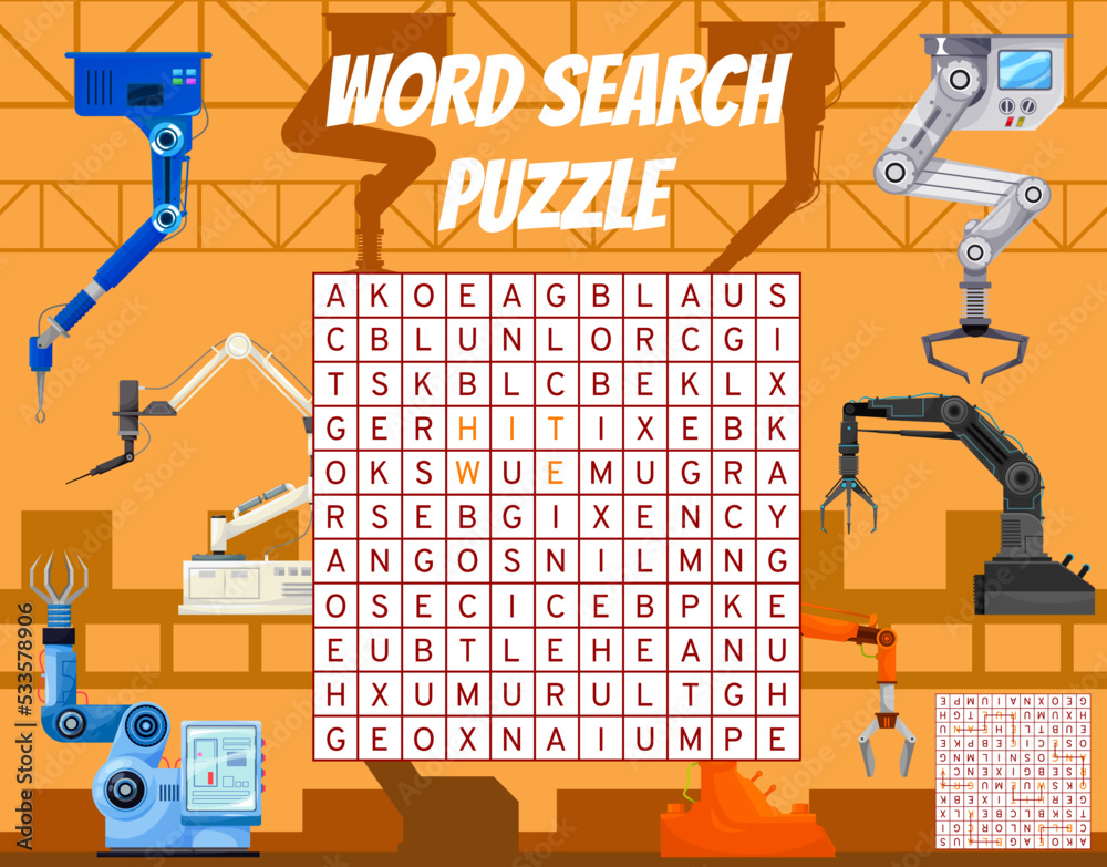 Robot arms on factory word search puzzle game worksheet. Child quiz ...