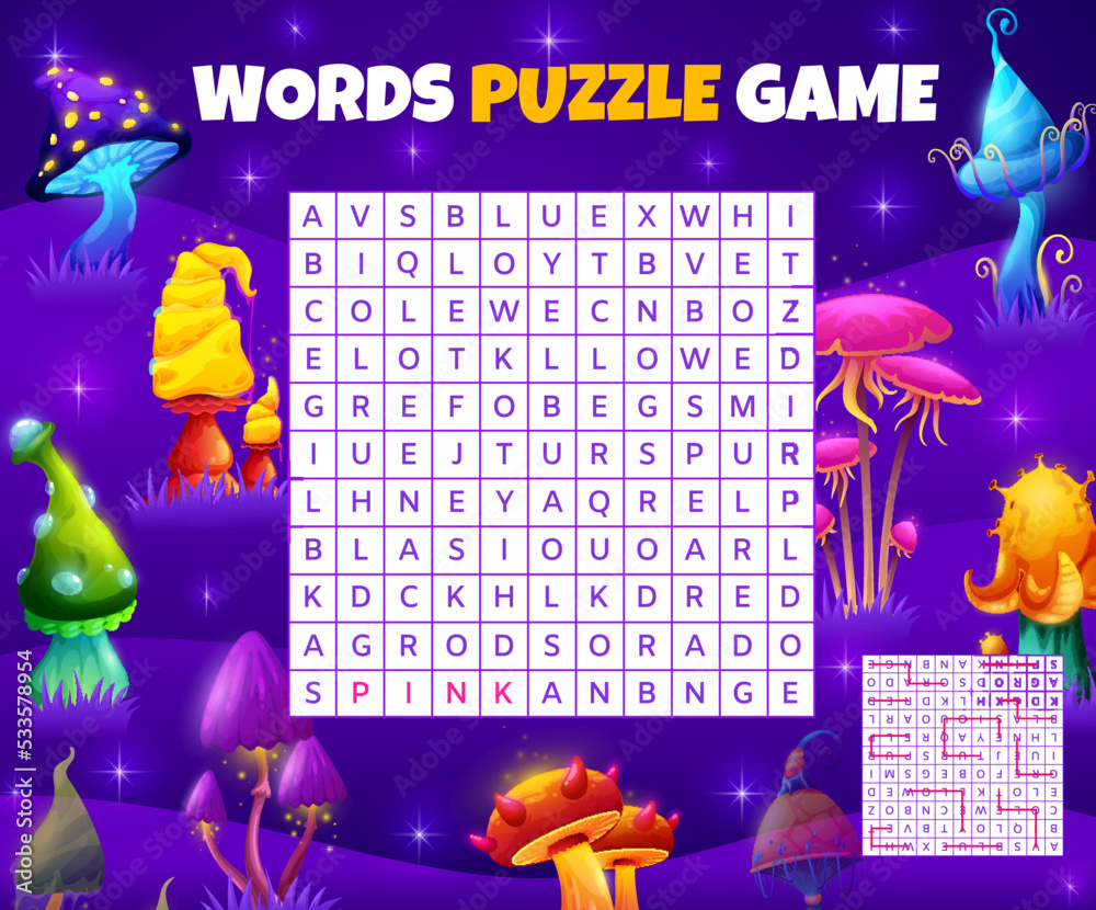 Magic Mushrooms Word Search Puzzle Game Worksheet Children magic-mushrooms-word-search-puzzle-game-worksheet-children