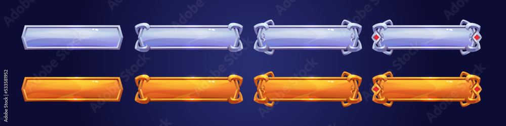 Set of silver and golden rank frames for game isolated on blue ...