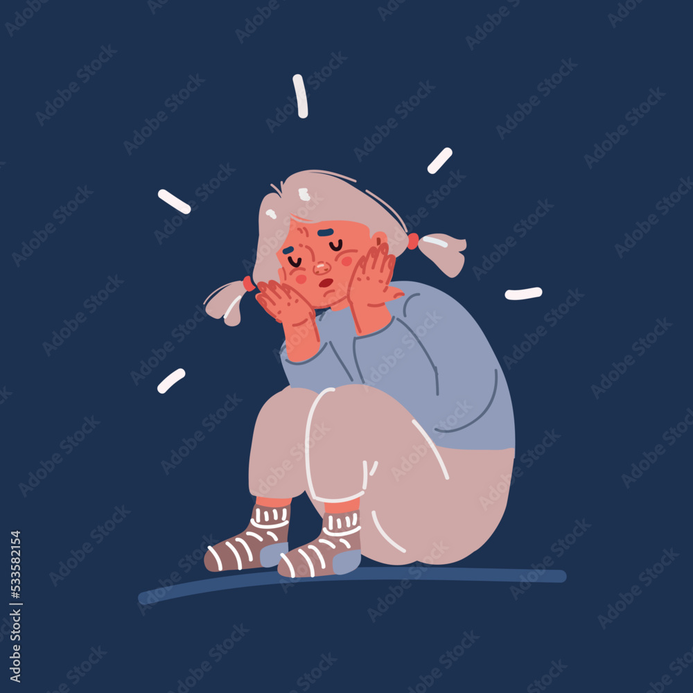 Vector cartoon illustration of Little sad girl seeting at floor Stock ...