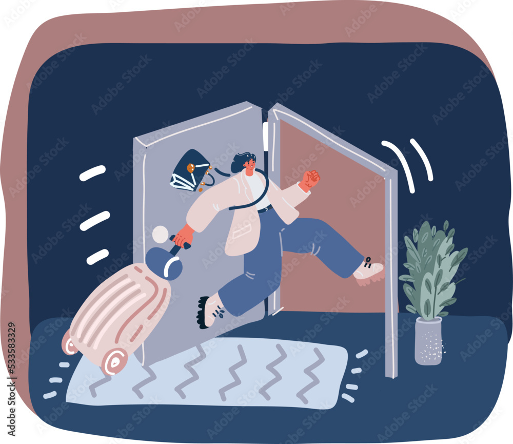 Vector cartoon illustration of woman leaves office, girl run away ...
