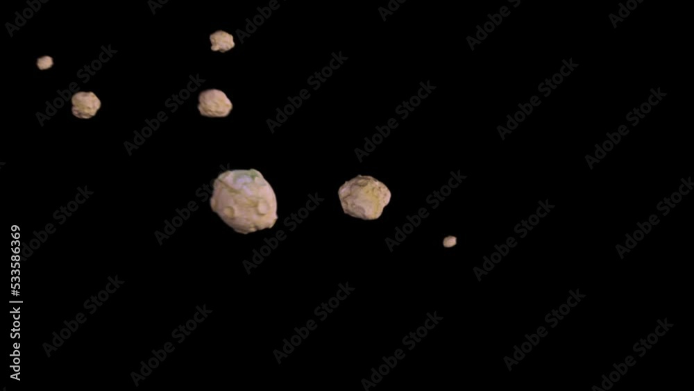 Computer graphics of meteorite stones flying and rotating on black background. 3D render ...