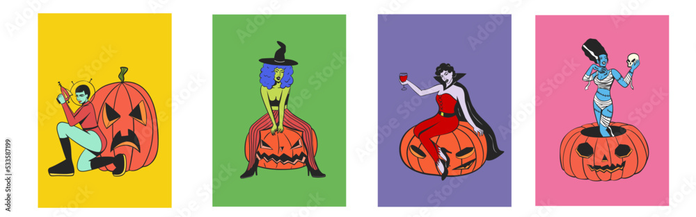 Women in costumes with pumpkins concept halloween retro style.Witch ...