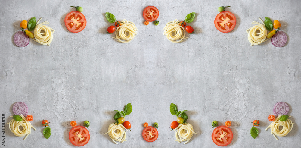 Frame with blank space made by ingredients for homemade pasta on gray ...