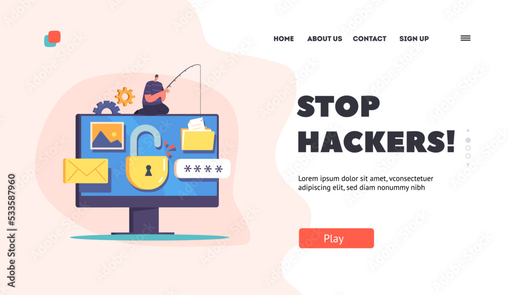 Hacker Attack Landing Page Template. Tiny Hacker Male Character Sitting ...
