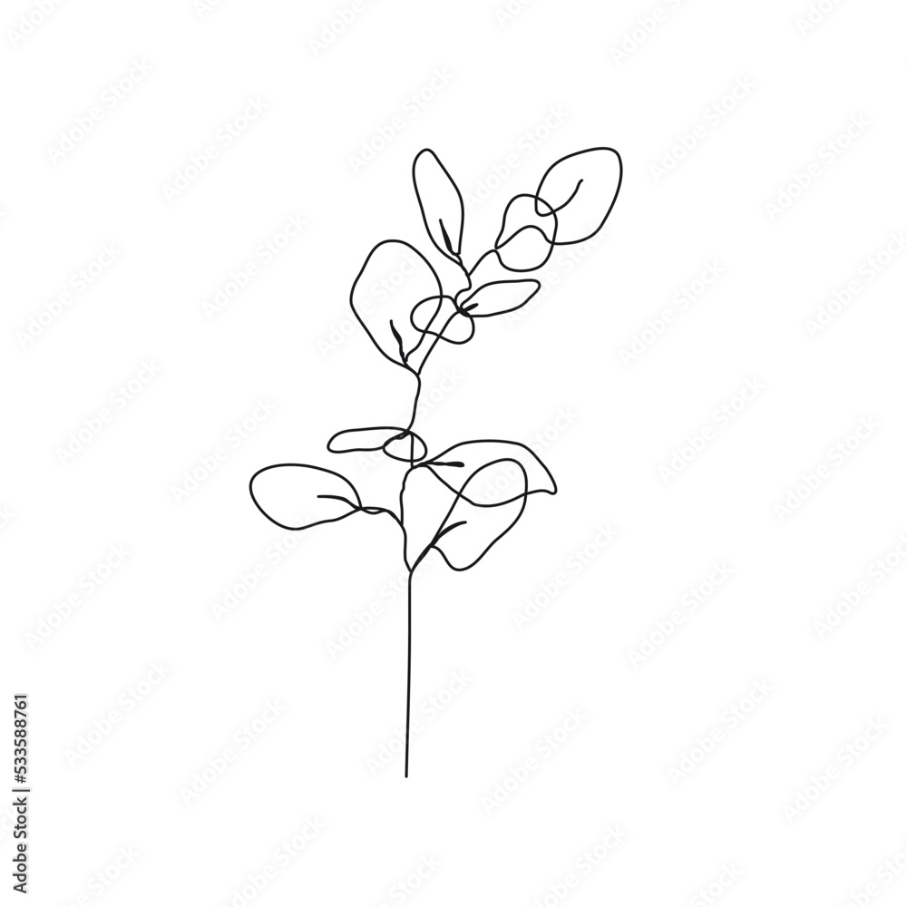 Continuous One Line Leaves Branch Art. Abstract Line Art of Flower with ...