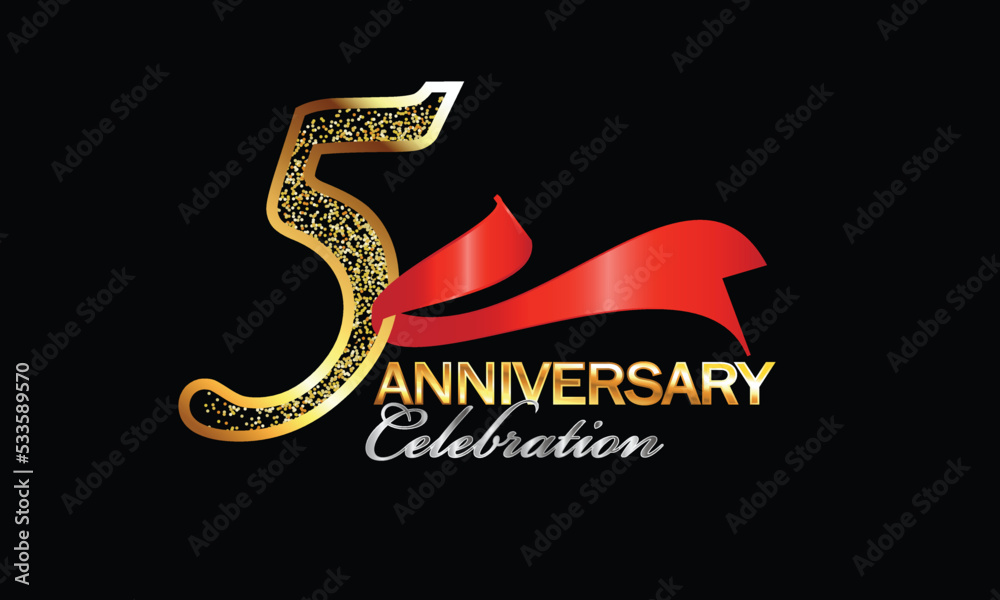 5 Year Anniversary celebration Vector Design with red ribbon and ...