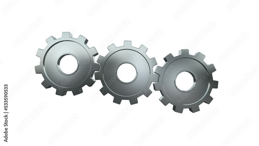 Mechanism of rotating three gears, 3d rendering of silver wheels with ...
