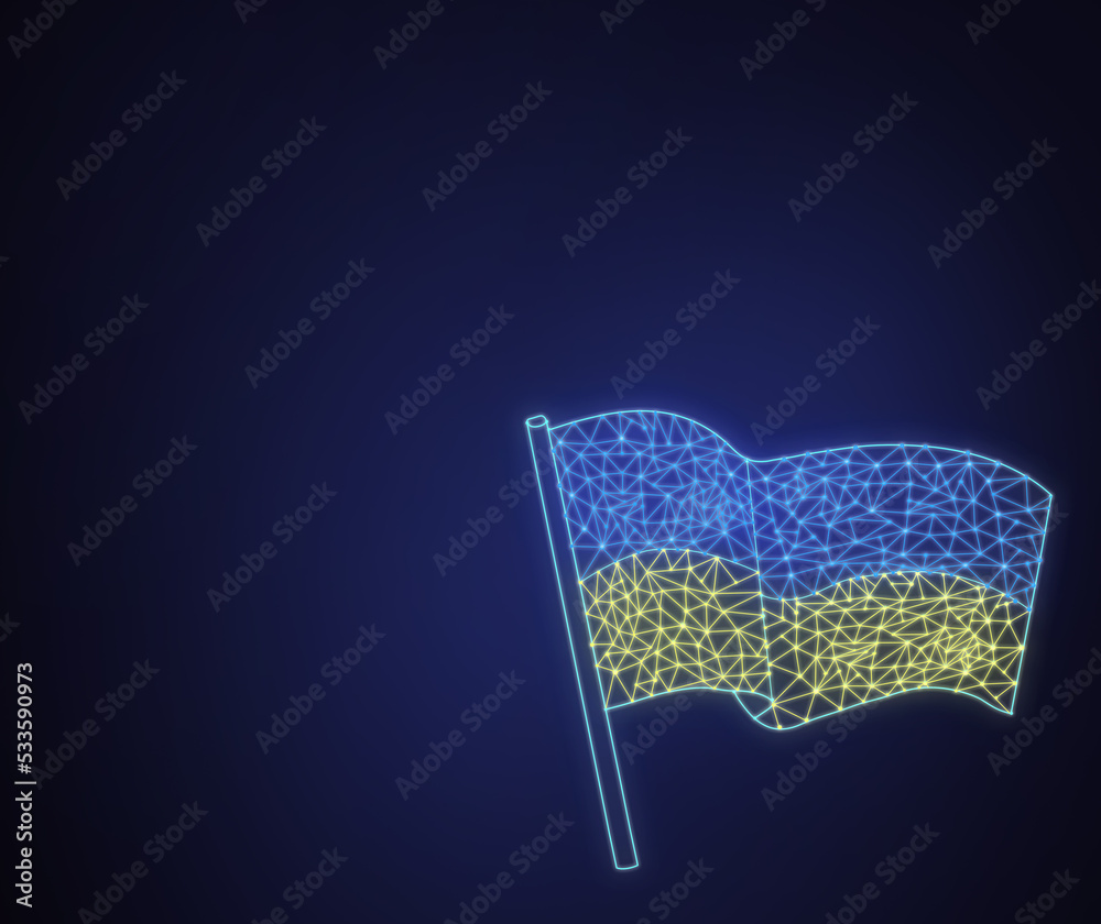2D neon flag of Ukraine with polygonal lines on dark blue background ...
