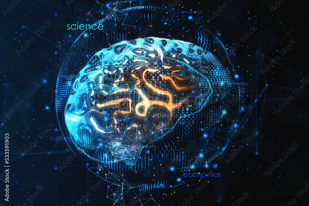 Neural network and artificial intelligence concept with digital human brain silhouette with ...