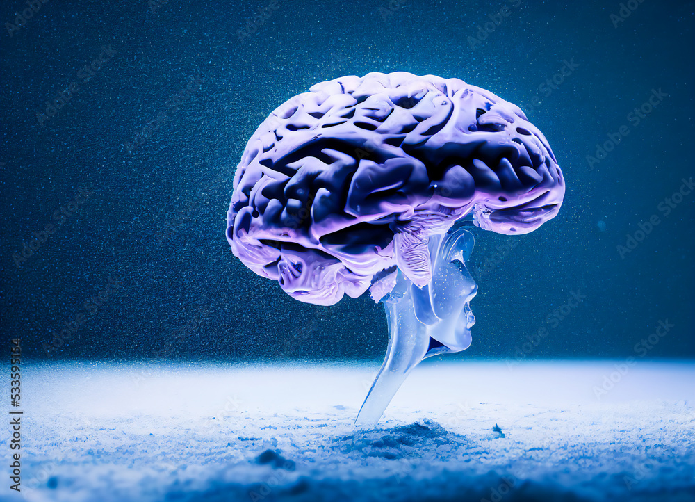 Huge human brain on small futuristic head, where life depends only on ...