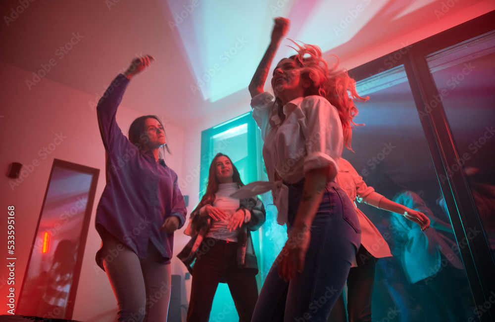 Young women having party inside contemporary barn house at night. Stock ...