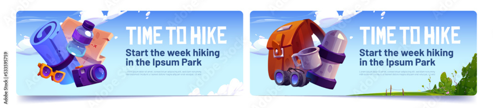 Time to hike banners, hiking camping adventure concept with tourist ...