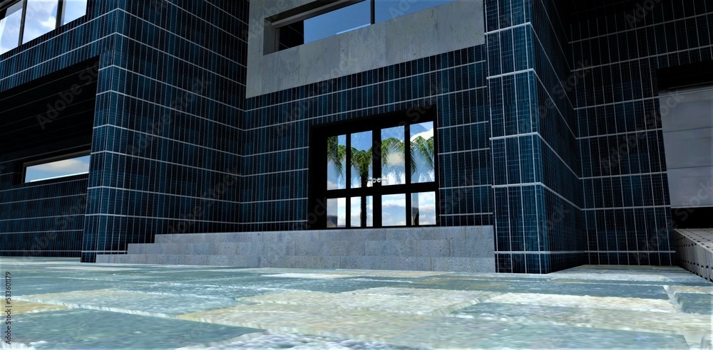 Entrance to a modern building finished with photovoltaic panels. The ...