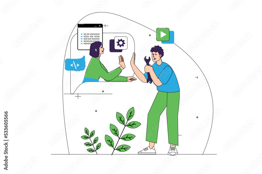 Blue and green concept Teamwork with people scene in the flat cartoon ...