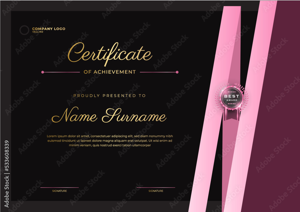 Black an pink certificate template with luxury pattern,diploma,Vector ...