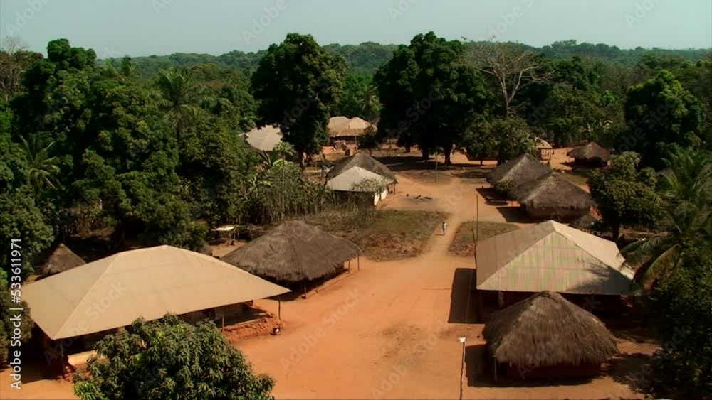 A village in northern Guinea Bissau, with houses made of straw and zinc ...
