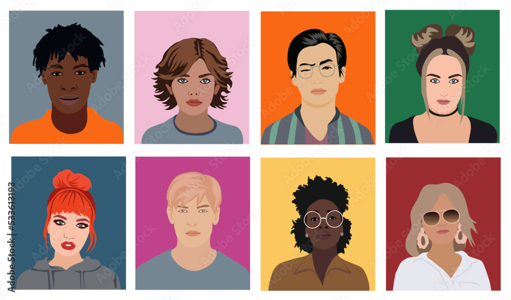 Collection of portraits of cute young stylish women and men. Set of ...