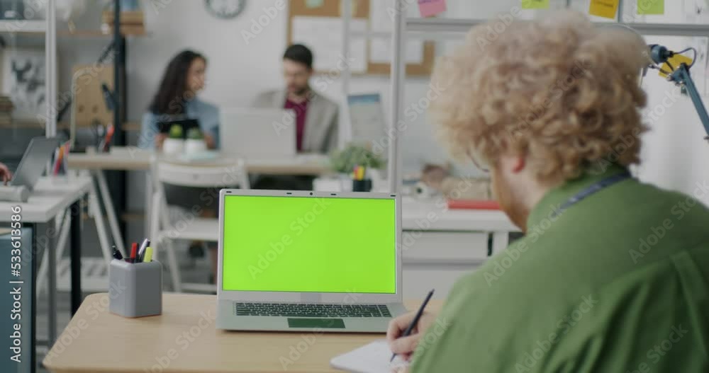 Back view of employee looking at green chroma key laptop screen working ...