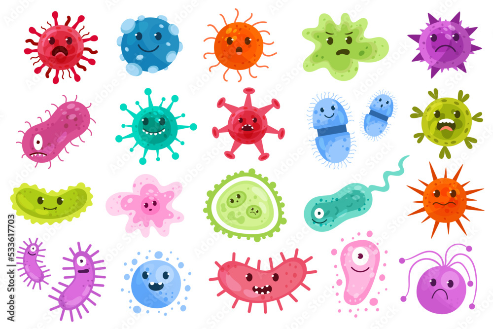 Bacteria, microbes, cute germs and viruses cartoon characters with ...