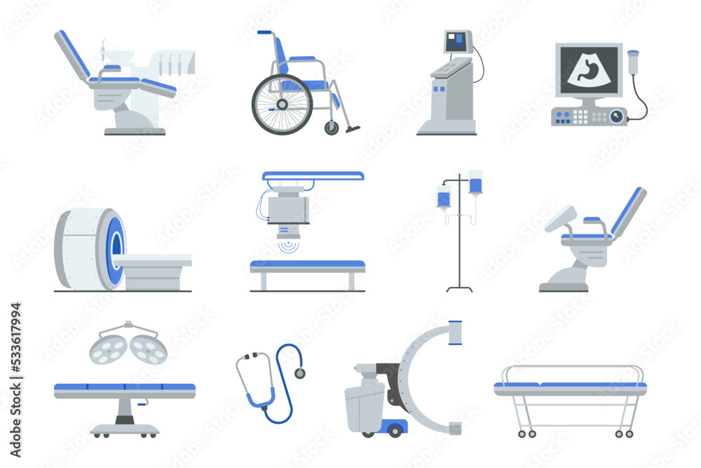 Hospital medical diagnostic equipment set. Clinic devices, health ...