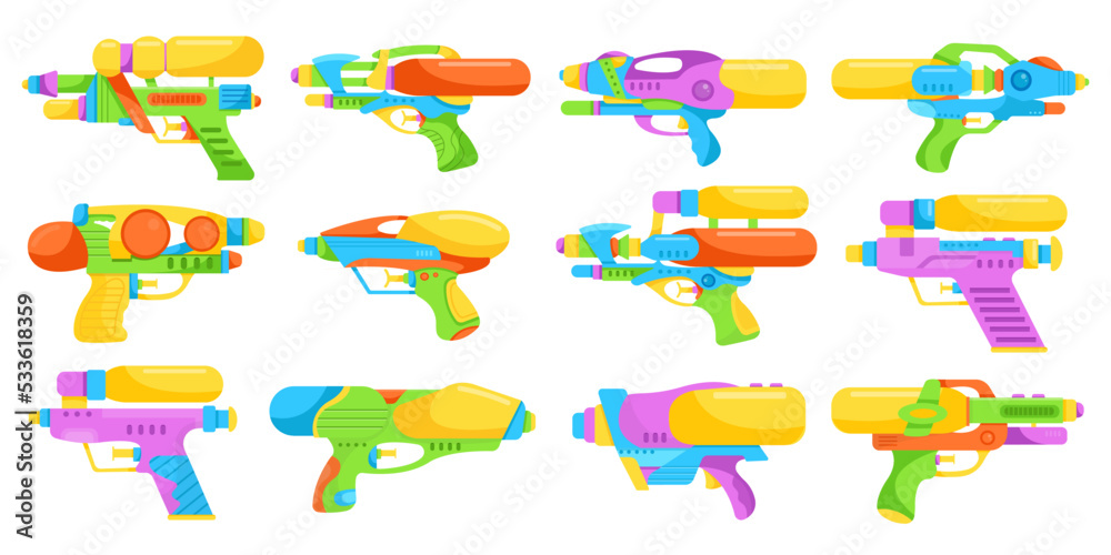 Cartoon kids toy weapons, water guns, pistols set. Plastic handguns and ...