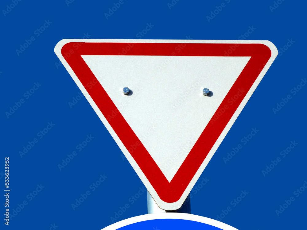 yield and give way traffic sign. white metal plate triangle with red ...