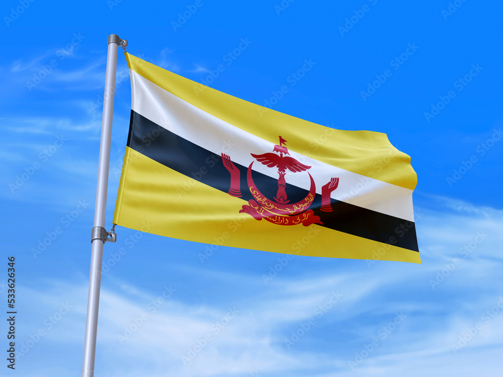 Beautiful Brunei flag waving with sky background - 3D illustration - 3D ...