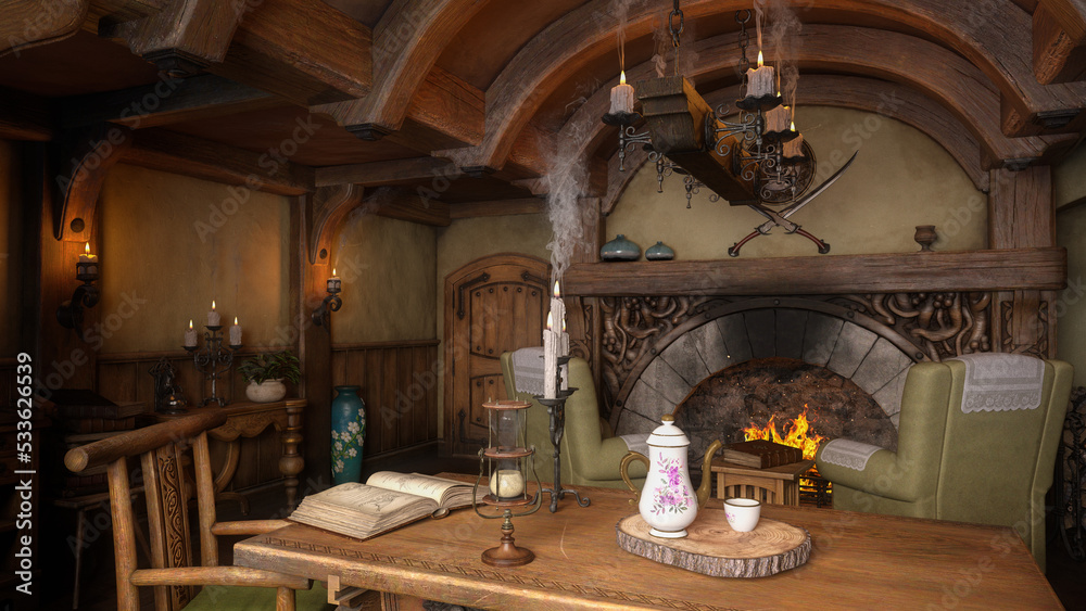 Cosy living room in a small medieval fantasy cottage style home for ...